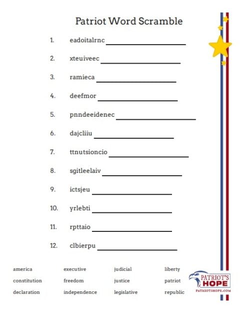 Patriotic Word Scramble 1 - Patriot's Hope