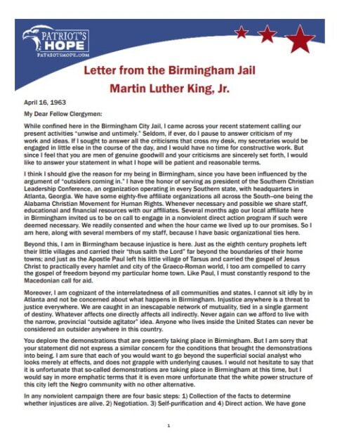 Martin Luther King, Jr. Letter from Birmingham Jail - Patriot's Hope